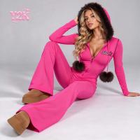 China Women's Faux Fur Trim Hooded Zip Up Long Sleeve Flared Jumpsuit for sale