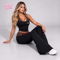 China Women's Leopard Print Halter Tank Top Fold Over Waist Flared Pants Two Piece Set for sale