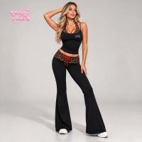 China Women's Leopard Print Halter Tank Top Fold Over Waist Flared Pants Two Piece Set for sale