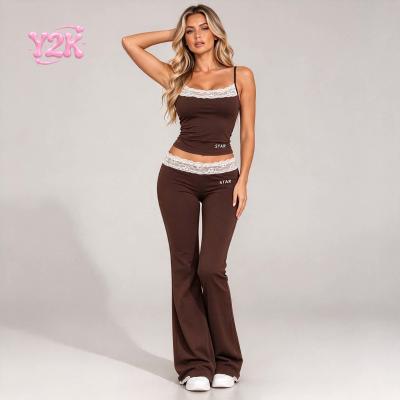 China Women's Lace Trim Camisole Tank Top Fold Over Waist Wide Leg Pants Two Piece Set for sale
