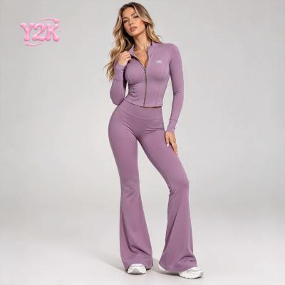 China Women's Stand Collar Zip Up Yoga Jacket Wide Leg Pants Two Piece Set for sale
