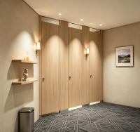 China Commercial Wood Grain Phenolic Toilet Partitions 18mm Waterproof HPL Bathroom Stalls for sale
