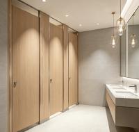 China Commercial Wood Grain Phenolic Toilet Partitions 18mm Waterproof HPL Bathroom Stalls for sale