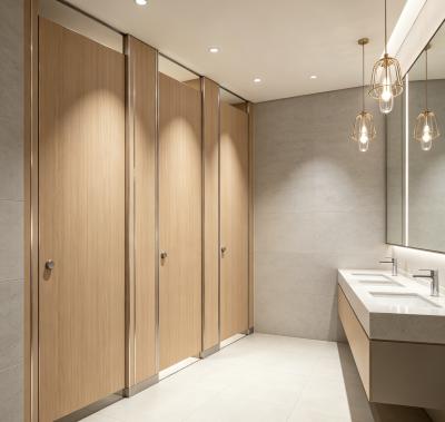 China Commercial Wood Grain Phenolic Toilet Partitions 18mm Waterproof HPL Bathroom Stalls for sale