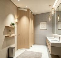China Commercial Wood Grain Phenolic Toilet Partitions 18mm Waterproof HPL Bathroom Stalls for sale