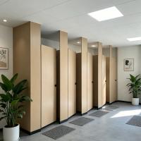 China Wood Grain Compact Laminate Toilet Partition 18mm Honeycomb Core Fireproof B1 Restroom Stall Divider for sale