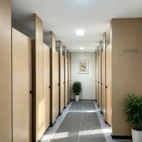 China Wood Grain Compact Laminate Toilet Partition 18mm Honeycomb Core Fireproof B1 Restroom Stall Divider for sale