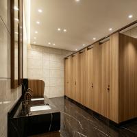 China Wood Grain HPL Partition 12mm 18mm Luxury Commercial Restroom Stalls Metal Fittings for sale