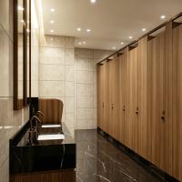 China Wood Grain HPL Partition 12mm 18mm Luxury Commercial Restroom Stalls Metal Fittings for sale