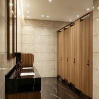 China Wood Grain HPL Partition 12mm 18mm Luxury Commercial Restroom Stalls Metal Fittings for sale