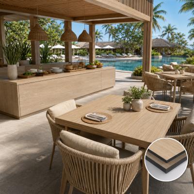 China Outdoor Compact Laminate Board Weatherproof HPL Tabletop Panel Teak Wood Grain Phenolic Resin Board For Resort Poolside Dining Table Outdoor Kitchen Cabinet Countertop for sale