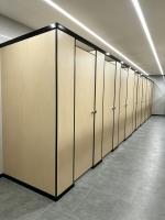 China Wood grain HPL compact laminate toilet partitions with black trim, commercial restroom stall dividers for office building for sale