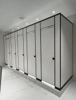 China White Compact Laminate Toilet Cubicle Partition with Black Stainless Steel Hardware, Commercial Restroom Stall Dividers for sale