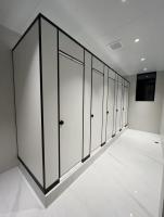 China White Compact Laminate Toilet Cubicle Partition with Black Stainless Steel Hardware, Commercial Restroom Stall Dividers for sale