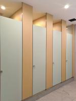 China Color matching phenolic toilet stall partition, wood grain panel and white door, public restroom cubicle for sale