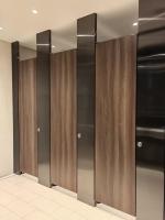 China Modern Contrast Color Restroom Stall | High Gloss Metal Frame Wood Grain Compact HPL Toilet Partition for sale