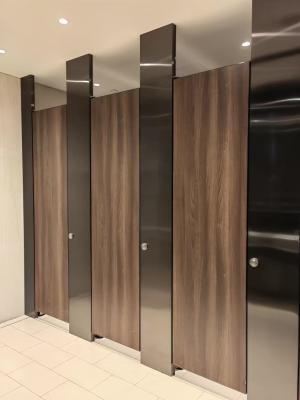 China Modern Contrast Color Restroom Stall | High Gloss Metal Frame Wood Grain Compact HPL Toilet Partition for sale