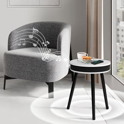China 60W Bluetooth Audio Side Table Smart Home Furniture Tempered Glass Top Fabric Body Iron Legs Wholesale for sale