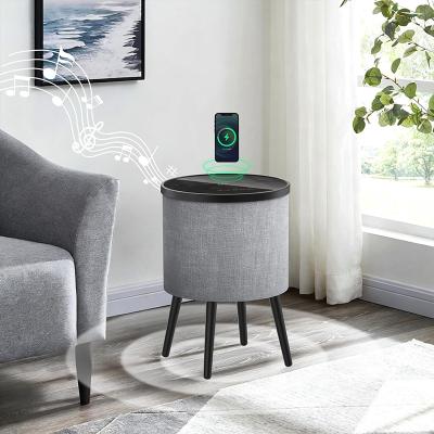 China Factory Wholesale Audio Furniture 60W Smart Bedside Table Tempered Glass Fabric Iron Frame for sale
