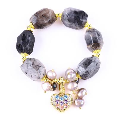China Handmade Black Rutilated Quartz Bracelet 23cm Adjustable Natural Stone Jewelry with 106g Weight for Daily Wear for sale