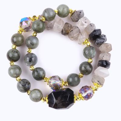 China Natural Labradorite Crystal Double Layer Bracelet with 10MM 14MM Multifaceted Round Beads for Unisex Jewelry for sale
