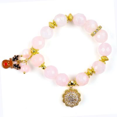 China Natural Rose Quartz Gemstone Bracelet 19cm Handmade Adjustable Giraffe Charm Jewelry for sale