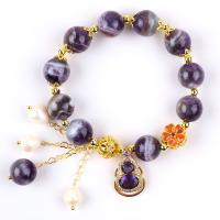 China Handmade Natural Amethyst Gemstone Beaded Bracelet 21cm Adjustable Pearl Charms Jewelry for sale