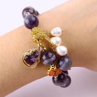 China Handmade Natural Amethyst Gemstone Beaded Bracelet 21cm Adjustable Pearl Charms Jewelry for sale