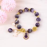China Handmade Natural Amethyst Gemstone Beaded Bracelet 21cm Adjustable Pearl Charms Jewelry for sale