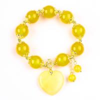 China 14mm Natural Yellow Chalcedony Yellow Jade Heart Carving Lucky Crystal Bead Bracelet Unisex for sale