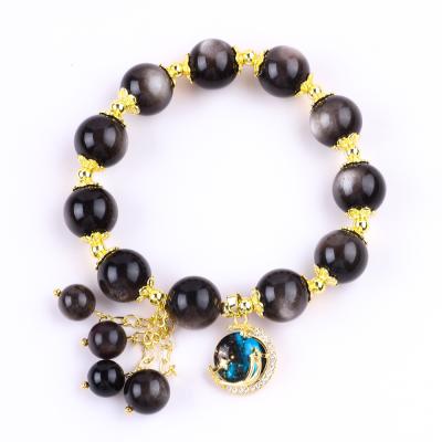 China 12mm Silver Obsidian Round Star Moon Charm Crystal Bead Bracelet Unisex for sale