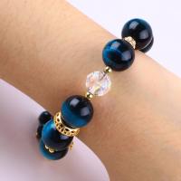 China 14mm Blue Tiger Eye Healing Crystal Beaded Bracelet Copper Gold Plating Unisex Jewelry for sale