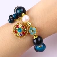 China 14mm Blue Tiger Eye Healing Crystal Beaded Bracelet Copper Gold Plating Unisex Jewelry for sale