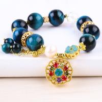 China 14mm Blue Tiger Eye Healing Crystal Beaded Bracelet Copper Gold Plating Unisex Jewelry for sale