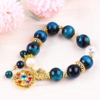 China 14mm Blue Tiger Eye Healing Crystal Beaded Bracelet Copper Gold Plating Unisex Jewelry for sale