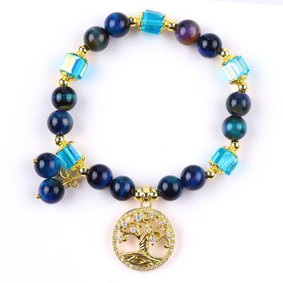 China Natural Rainbow Tiger Eye 8mm Bead Bracelet Tree of Life Copper Gold Plating Unisex Jewelry for sale