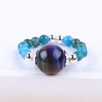 China 4mm Handmade Blue Apatite Gemstone Ring Adjustable Elastic with Tiger Eye Bead 7.6cm for sale