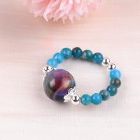 China 4mm Handmade Blue Apatite Gemstone Ring Adjustable Elastic with Tiger Eye Bead 7.6cm for sale