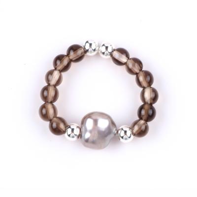 China Handmade 4mm Tea Citrine Gemstone Ring Adjustable Elastic Pearl Bead Jewelry for Women Party Daily Wear for sale