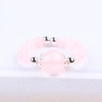 China 4mm Handmade Gemstone Beaded Ring Adjustable Elastic Rose Quartz Stone Ring For Party Daily Wearing for sale