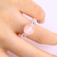 China 4mm Handmade Gemstone Beaded Ring Adjustable Elastic Rose Quartz Stone Ring For Party Daily Wearing for sale