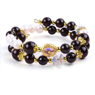 China Custom DIY 8mm Garnet Pearl Flower Spacer Bead Double Bangle Daily Wear Jewelry for sale