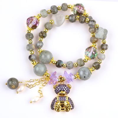 China 7mm Multifaceted Labradorite Freshwater Pearl Bear Charm Beaded Bracelet Unisex Jewelry for sale