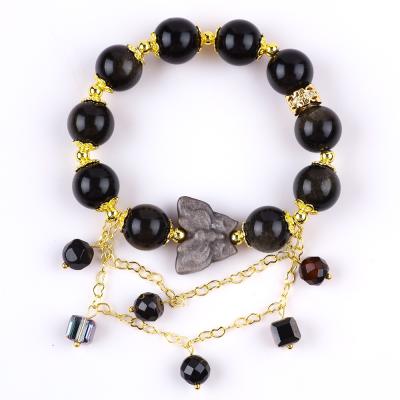 China Golden Obsidian Butterfly Round Bead Bracelet 8mm Stretch Unisex Jewelry for sale