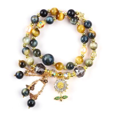 China 8mm Dream Tiger Eye Sunflower Spinner Charm Crystal Double Layer Bracelet for sale