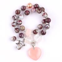 China 10mm Plum Blossom Tourmaline Rose Quartz Heart Dangle Charm Double Layer Stretch Bead Bracelet for sale