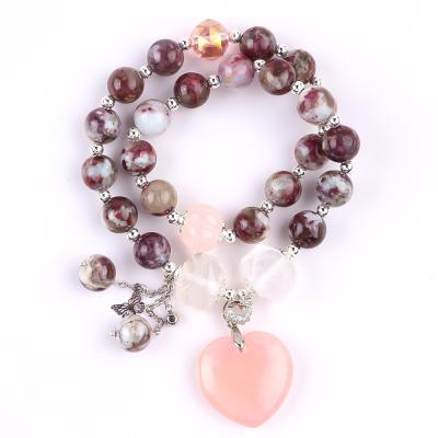 China 10mm Plum Blossom Tourmaline Rose Quartz Heart Dangle Charm Double Layer Stretch Bead Bracelet for sale