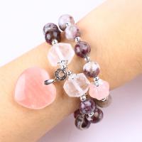 China 10mm Plum Blossom Tourmaline Rose Quartz Heart Dangle Charm Double Layer Stretch Bead Bracelet for sale