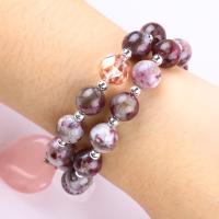 China 10mm Plum Blossom Tourmaline Rose Quartz Heart Dangle Charm Double Layer Stretch Bead Bracelet for sale