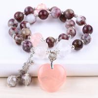 China 10mm Plum Blossom Tourmaline Rose Quartz Heart Dangle Charm Double Layer Stretch Bead Bracelet for sale